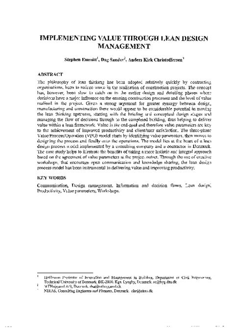 Pdf Implementing Value Through Lean Design Management