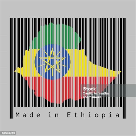 바코드 회색 배경으로 검은 바코드에 에티오피아 지도 개요 및 에티오피아 국기의 색상에 모양을 설정합니다 가격에 대한 스톡 벡터 아트 및 기타 이미지 Istock