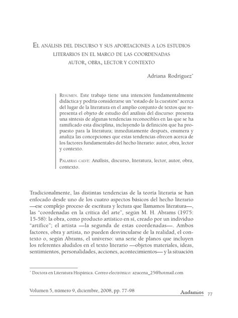 Análisis Del Discurso En Literatura Pdf Discurso Autor