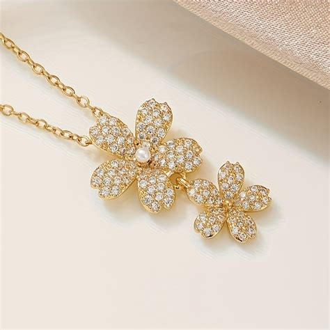 Golden Rhinestone Flowers Pendent Necklace Simple Stainless Temu