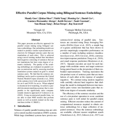 Effective Parallel Corpus Mining Using Bilingual Sentence Embeddings Acl Anthology