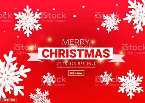 특별 행사 판매 및 할인을위한 빨간색 배경에 크리스마스 눈송이와 텍스트메리 크리스마스와 새해 복 많이 받으세요 풍경 템플릿