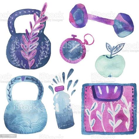 수채화 개체 집합입니다 흰색에 격리 된 손으로 그린 그림 피트니스 스포츠 건강 건강한 라이프 스타일 홈 운동 요가 연습 아령 사과 저울 스톱워치 꽃무늬 디테일이 가미된 무게