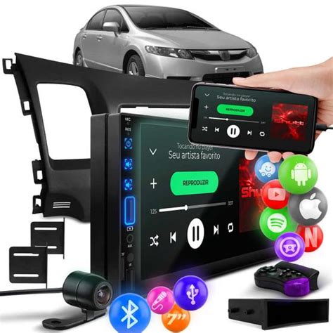Central Multimídia Honda New Civic 2007 2008 2009 2010 2011 7 Espelha Android Iphone Câmera