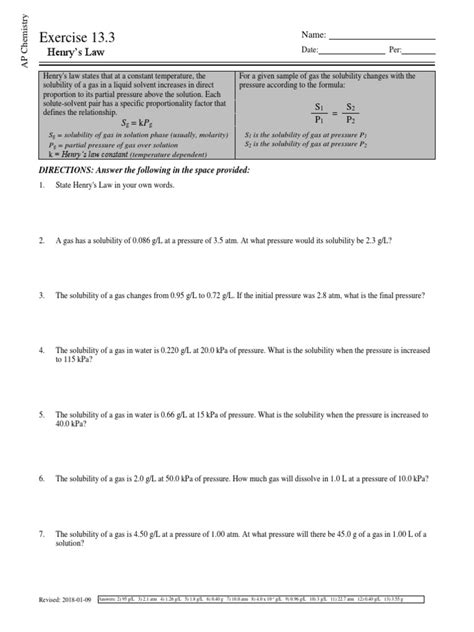 Henrys Law Exercise 1 Download Free Pdf Solubility Gases