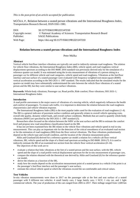 Pdf Relation Between Seated Person Vibrations And The International Roughness Index