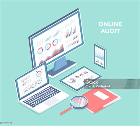 온라인 감사 연구 보고서 분석 분석 개념 웹 및 모바일 서비스 노트북 모니터 전화 돋보기가있는 태블릿 문서가있는 폴더의 화면에 그래프를 차트 아이소메트릭 3차원 형태에 대한