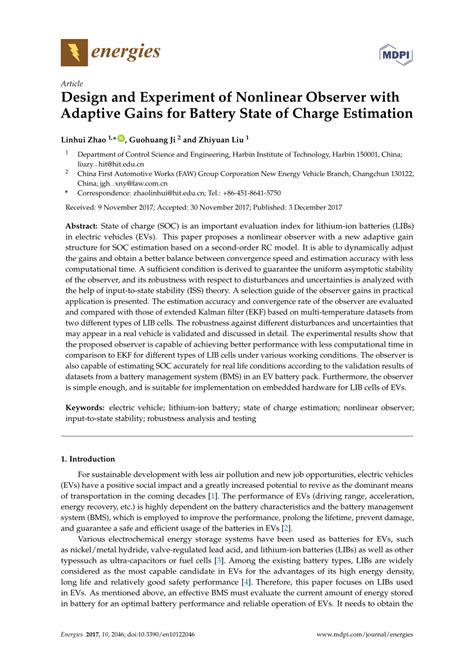 Pdf Design And Experiment Of Nonlinear Observer With Adaptive Gains For Battery State Of