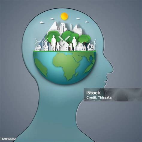 여름 아이디어로 인간의 머리에 세계에 공원에 신선한 공기에 아침 도시에서 가족 자연 건강 종이 예술과 공예 스타일 개념 벡터 일러스트 레이 션 가족에 대한 스톡 벡터 아트