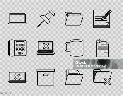 화면에 라인 랩톱 및 크로스 마크를 설정 폴더 삭제 문서 판지 상자 파일 문서 바인더 클립 아이콘 벡터 검은색에 대한 스톡 벡터 아트 및 기타 이미지 Istock