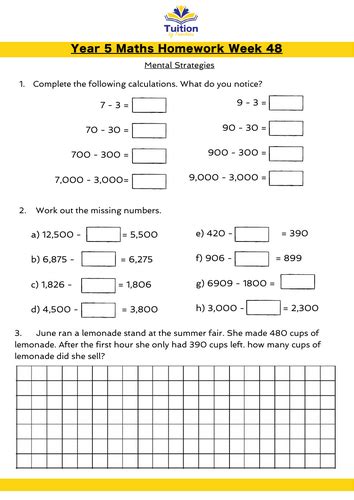 Year 5 Maths Revision Booklet Subtraction Teaching Resources