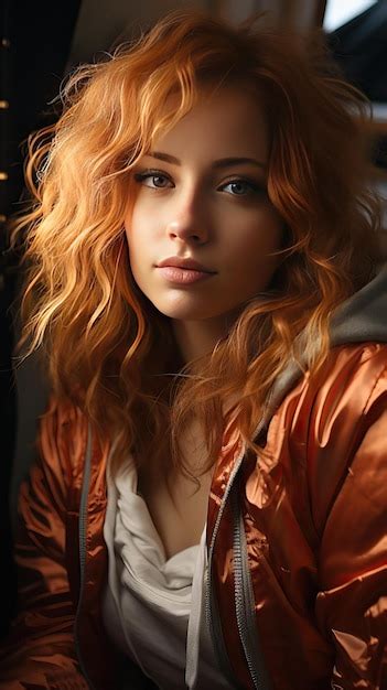 Premium Ai Image Pretty Red Head Woman With Orange Jacket