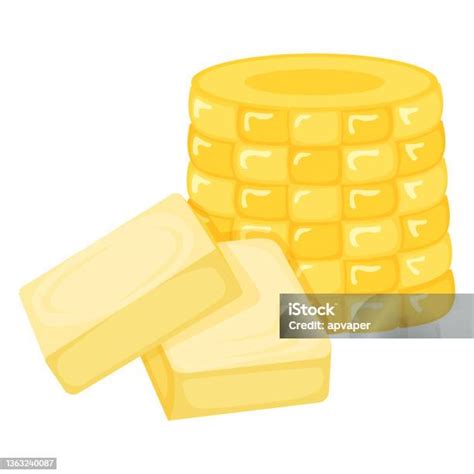 우유 제품 천연 성분 버터 마가린 아이콘 아침 식사 유기농 유제품 만화 벡터 일러스트레이션 흰색으로 분리 된 달콤한 옥수수의 귀 개념에 대한 스톡 벡터 아트 및 기타 이미지