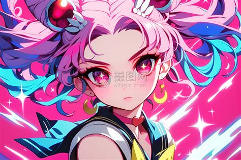 动漫风格女性角色粉红蓝发紫色眼睛插画图片下载 正版图片604037808 摄图网