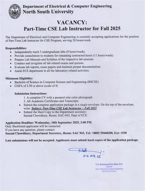 Part Time Cse Lab Instructor For Fall 2025 Department Of Electrical And Computer Engineering