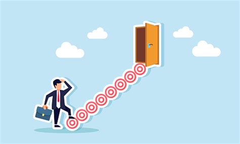 한 사업가가 문으로 이어지는 한 줄의 표적 보드로 형성된 계단을 오르기 위해 준비하고 있으며 이는 사업 목표를 달성하기 위한 단계를 보여줍니다 개발에 대한 스톡 벡터 아트