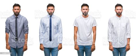 흰색 위에 보이는 캐주얼을 입고 젊은 남자의 콜라주 Backgroud 의심과 긴장 찡그림 화가 문제 때문에 고립 부정적인