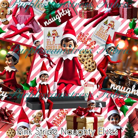 Pink Stripe Naughty Elves Purpleseamstress Fabric