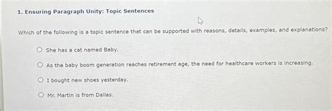 Solved Ensuring Paragraph Unity Topic Sentenceswhich Of The