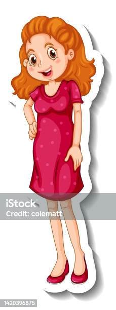 서있는 자세로 빨간 드레스를 입은 여성이있는 스티커 템플릿 감정에 대한 스톡 벡터 아트 및 기타 이미지 감정 드레스 만화