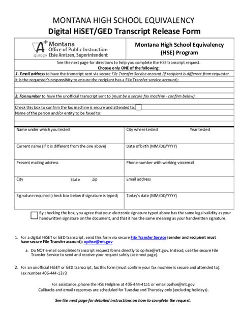 Fillable Online Opi Mt Montana High School Equivalency Hiset Ged Transcript Release Form Fax