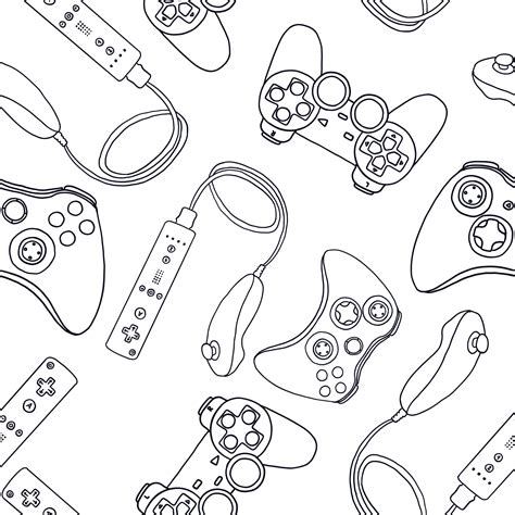Seamless Pattern Of Game Controllers Vector Illustration In Hand Drawn Outline Flat Style On