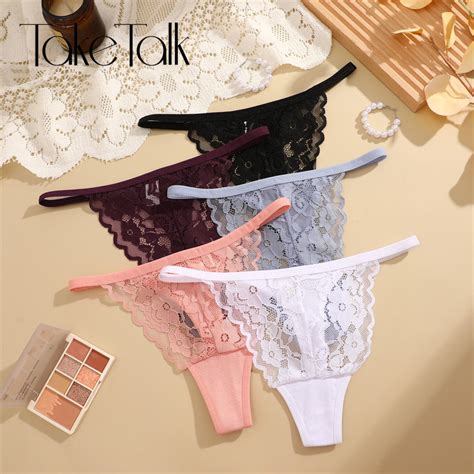Take Talk ผู้หญิงเซ็กซี่ลูกไม้กางเกงชุดชั้นในไร้รอยต่อชุดชั้นในผ้าไหมน้ําแข็ง T Back ทอง