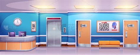 卡通医院走廊内设接待台和电梯