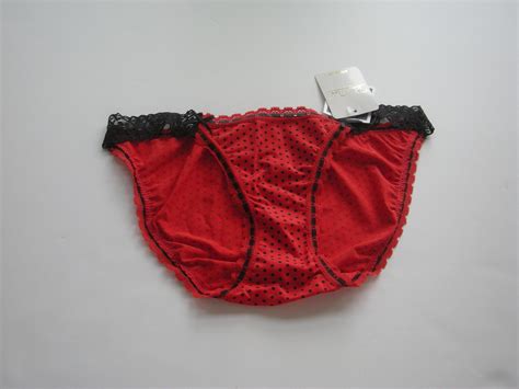 Rene Rofe Silky Red Bikini With Black Lace Strings And Black Dots Size