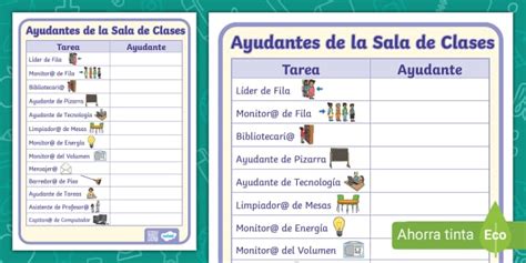 Póster Ayudantes De La Sala De Clases Roles Tareas Tabla