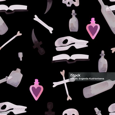 마녀 원활한 패턴입니다 두개골 뼈 플라스크 및 물약 책 단검 사랑의 묘약 요술 의식 할로윈 포장지 가을 장식 직물과 벽지에 대한 수채화 그림 검정색 배경 가을에 대한 스톡