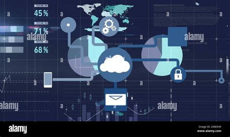 Image Of Network Of Digital Icons Over Statistical Data Processing Against Blue Background Stock
