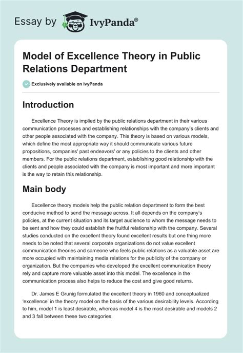 Model Of Excellence Theory In Public Relations Department 1846 Words