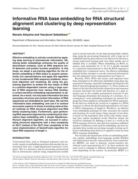 Pdf Informative Rna Base Embedding For Rna Structural Alignment And Clustering By Deep