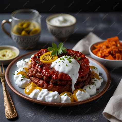 Iskender Kebab In Copper Serving Served With Pickles Yogurt Flatbread And Ayran Premium Ai