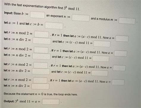 solved with the fast exponentiation algorithm find 38 mod