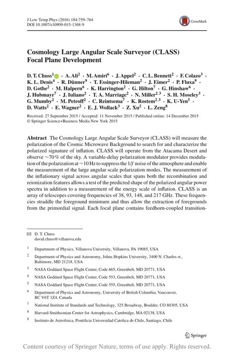 Cosmology Large Angular Scale Surveyor Class Focal Plane Development Request Pdf
