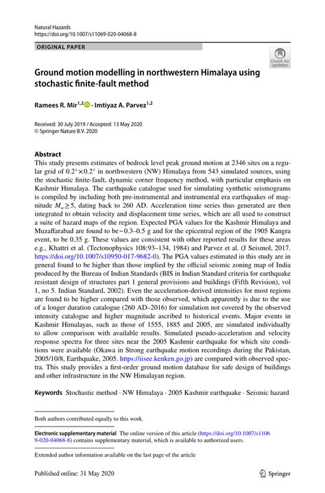 Pdf Ground Motion Modelling In Northwestern Himalaya Using Stochastic Finite Fault Method