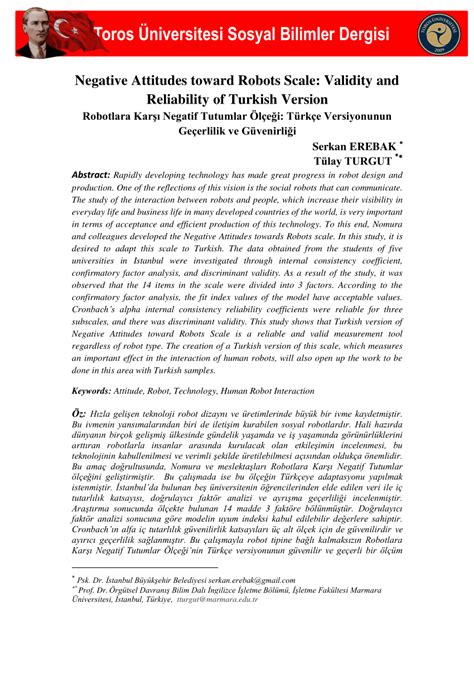 Pdf Negative Attitudes Toward Robots Scale Validity And Reliability Of Turkish Version