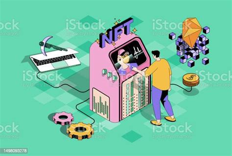 3d 아이소메트릭 디자인의 Nft 토큰 아트 개념입니다 온라인 마켓플레이스에서 가상 그림과 전자 암호화 작품을 구매하는 남자 웹 그래픽을 위한 아이소메트리 사람 장면이 있는