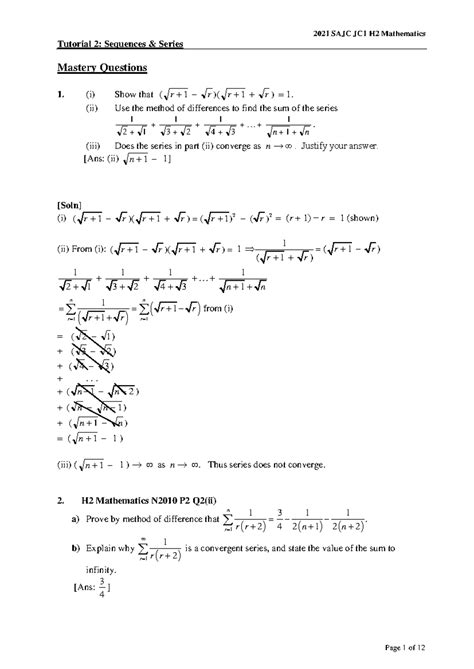 Chapter 2 Sequences And Series Tutorial 2 Sequences And Series Mastery