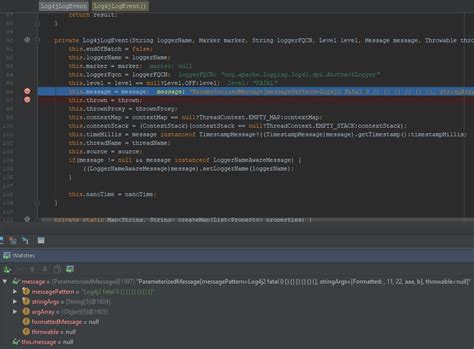 java log4j message object unexpectedly rendered after source step in
