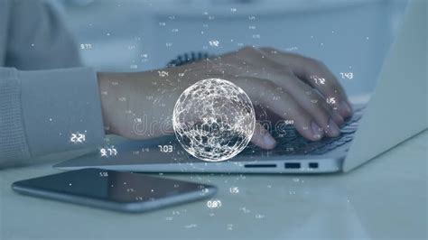 Animation Of Globe Of Network Of Connections Against Mid Section Of A Man Using Laptop At Office