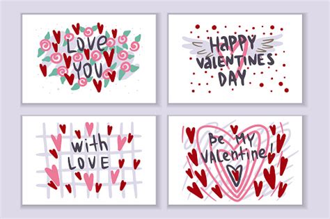 발렌타인 데이에 4 장의 카드로 설정합니다 축하 텍스트와 손으로 그린 그림 다른 디자인의 세트 엽서 인쇄를 위한 벡터 디자인 0명에 대한 스톡 벡터 아트 및 기타 이미지