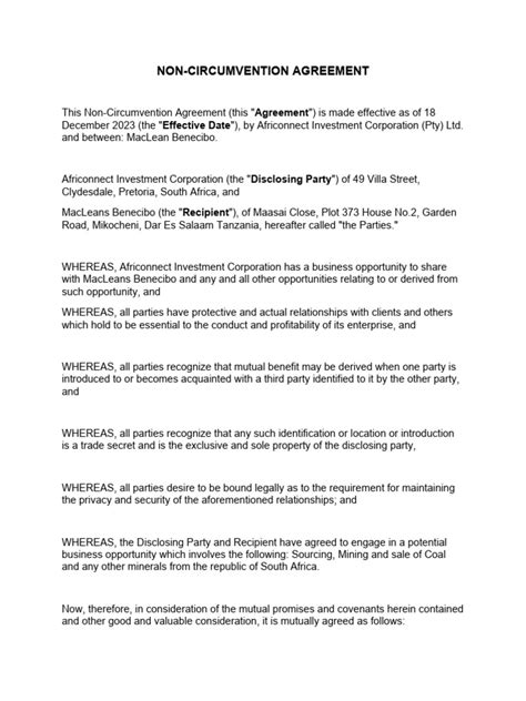 Non Circumvention Agreement Pdf Arbitration Trade Secret