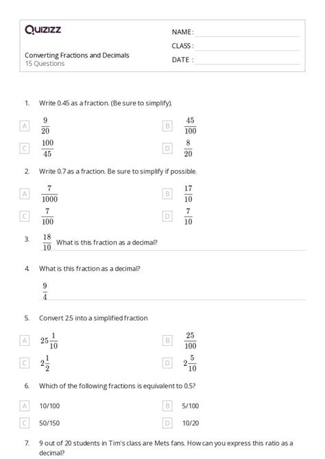 50 Converting Decimals And Fractions Worksheets For 8th Grade On Quizizz Free And Printable
