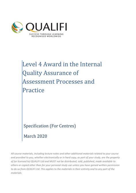 Qualifi Level Level Award In The Internal Quality Assurance Of Assessment Processes And
