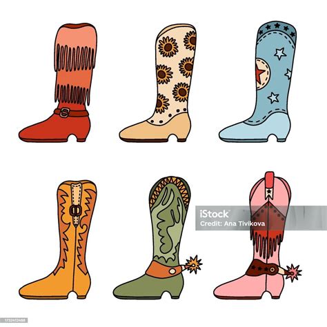 전통적인 패턴 프린지 박차를 가하는 복고풍 카우걸 부츠 세트 카우보이와 웨스턴 스타일로 손으로 그린 윤곽선이 있는 다채로운 벡터 부츠 장식이 있는 와일드 웨스트의 간단한