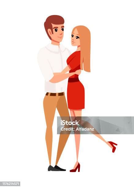 남자와 여자 에 사랑 포옹 커플 만화 캐릭터 디자인 평면 벡터 일러스트 레이션 고립 에 흰색 배경 T 셔츠에 대한 스톡 벡터