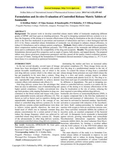 Formulation And In Vitro Evaluation Of Controlled Release Matrix